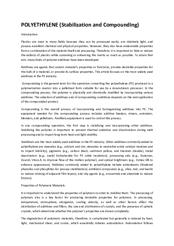 (PDF) POLYETHYLENE ( Stabilization and Compounding ) | Ahmed Eltayef ...
