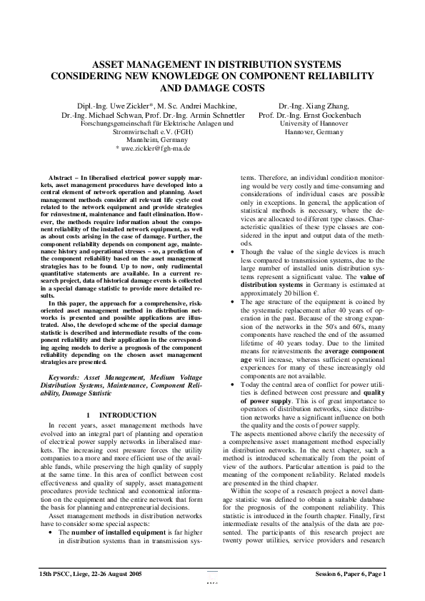(PDF) Asset management in distribution systems considering new knowledge on component ...