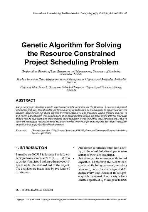 (PDF) Genetic Algorithm for Solving the Resource Constrained Project ... (PDF) Genetic Algorithm for Solving the Resource Constrained Project ...
