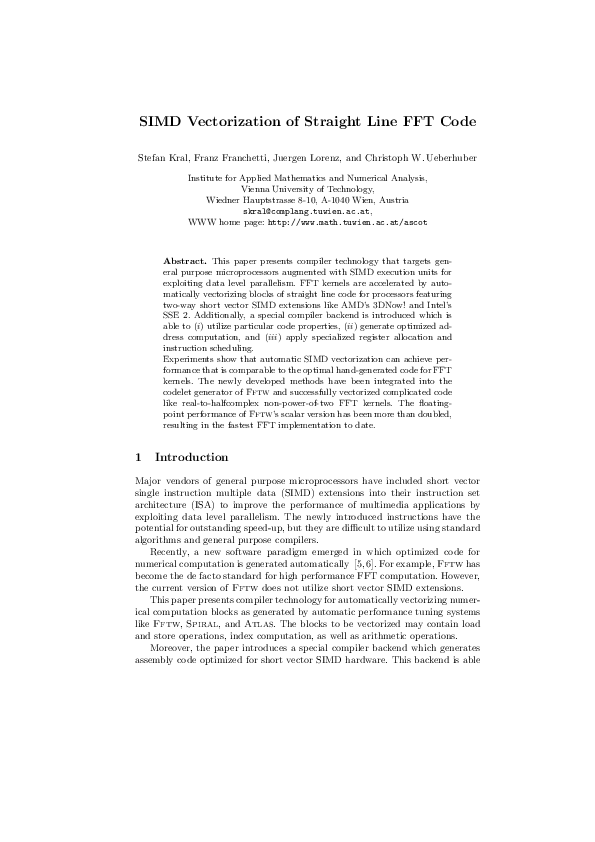(PDF) SIMD Vectorization of Straight Line FFT Code