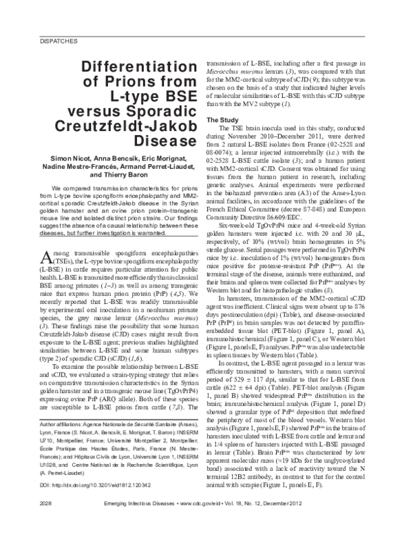 (PDF) Differentiation of Prions from L-type BSE versus Sporadic ...