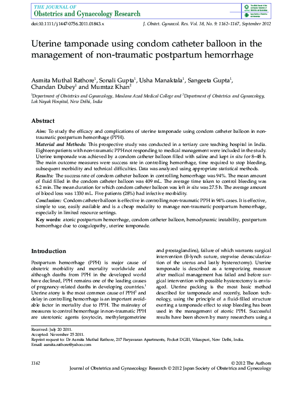 (PDF) Uterine tamponade using condom catheter balloon in the management ...
