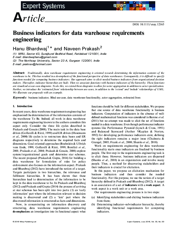 (PDF) Business Indicators for Data Warehouse Requirement Engineering