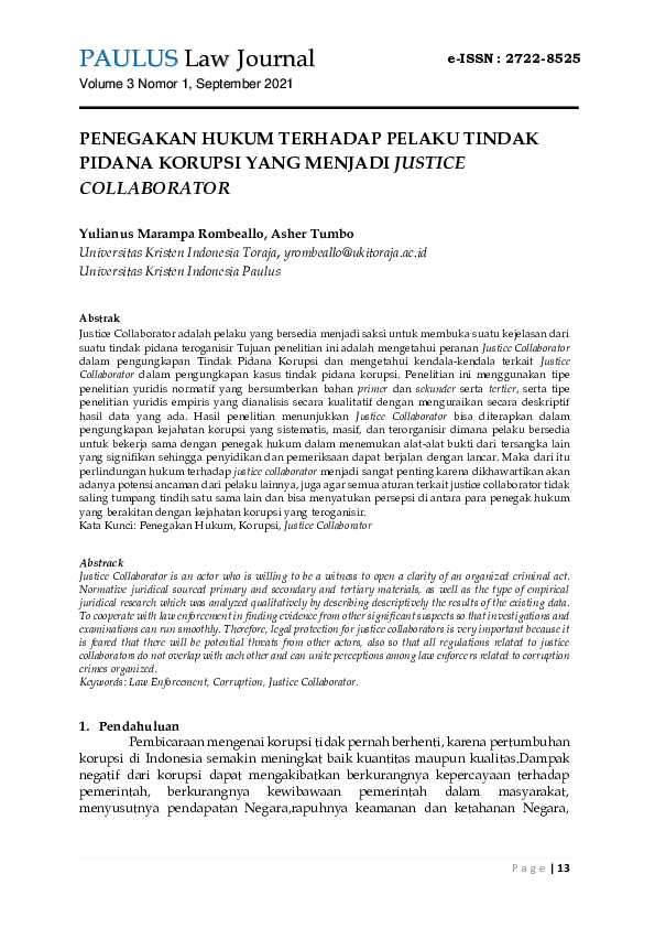 (PDF) Penegakan Hukum Terhadap Pelaku Tindak Pidana Korupsi Yang Menjadi Justice Collaborator