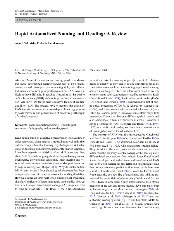 Pdf Rapid Automatized Naming And Reading A Review Anand Siddaiah