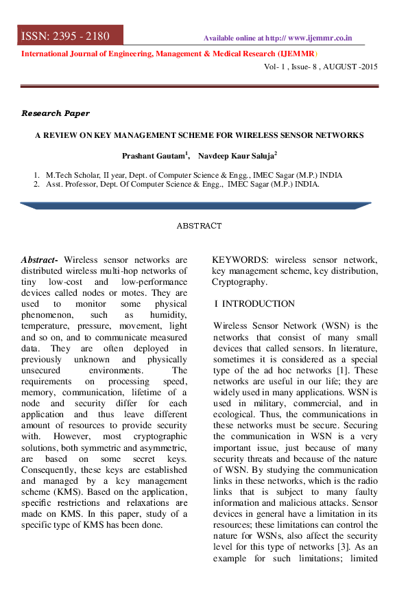 Pdf A Review On Key Management Scheme For Wireless Sensor Networks Navdeep Saluja 