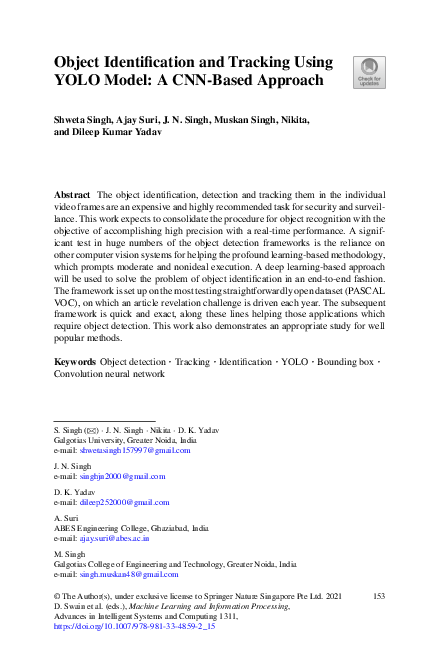 (PDF) Object Identification and Tracking Using YOLO Model: A CNN-Based Approach