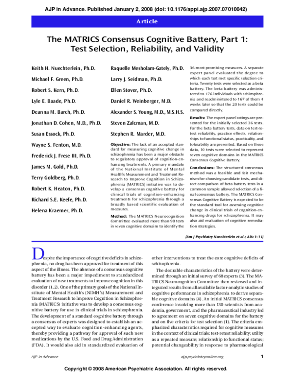 (PDF) The MATRICS Consensus Cognitive Battery, Part 1: Test Selection ...