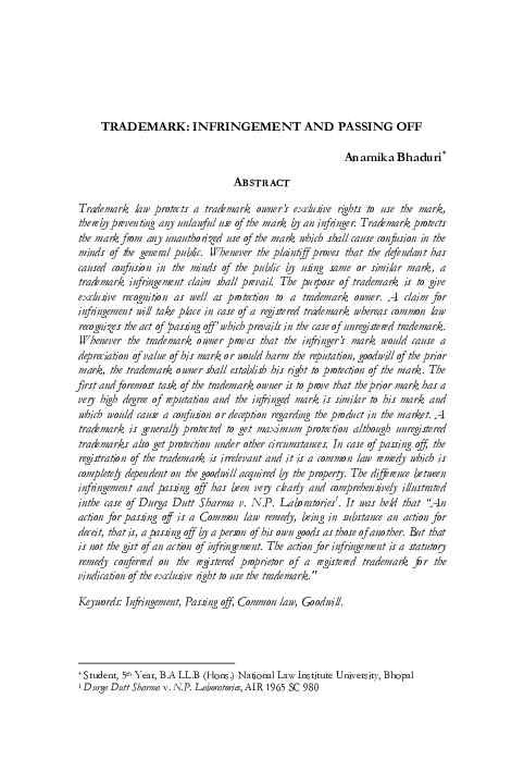 (PDF) Trademark: Infringement and Passing Off