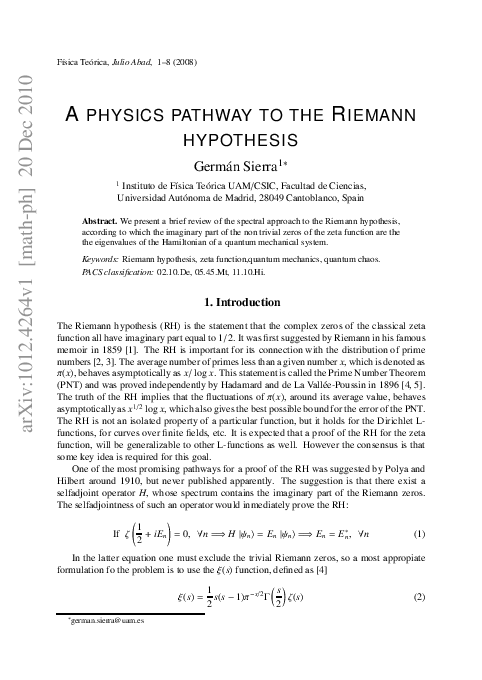 (PDF) A physics pathway to the Riemann hypothesis