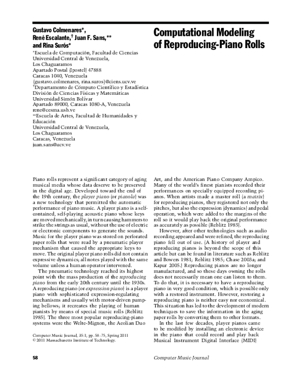 (PDF) Computational Modeling of Reproducing-Piano Rolls