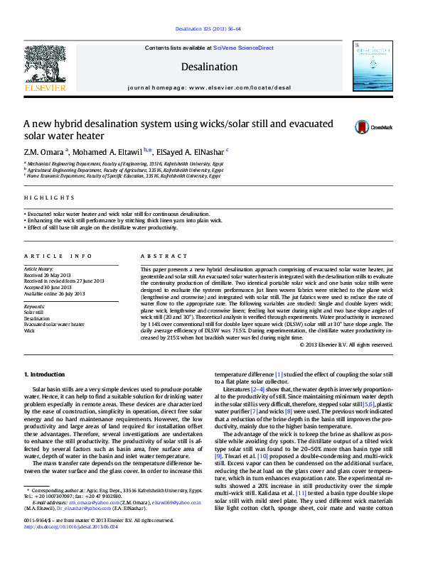 (PDF) A new hybrid desalination system using wicks/solar still and ...