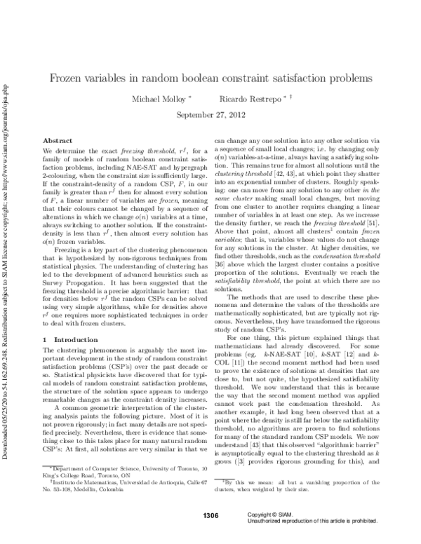 (PDF) Frozen variables in random boolean constraint satisfaction problems
