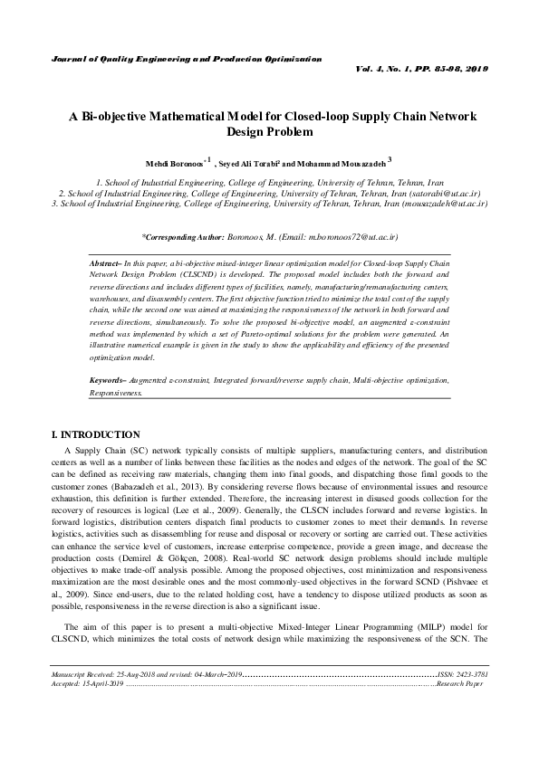 (PDF) A Bi-objective Mathematical Model for Closed-loop Supply Chain Network Design Problem