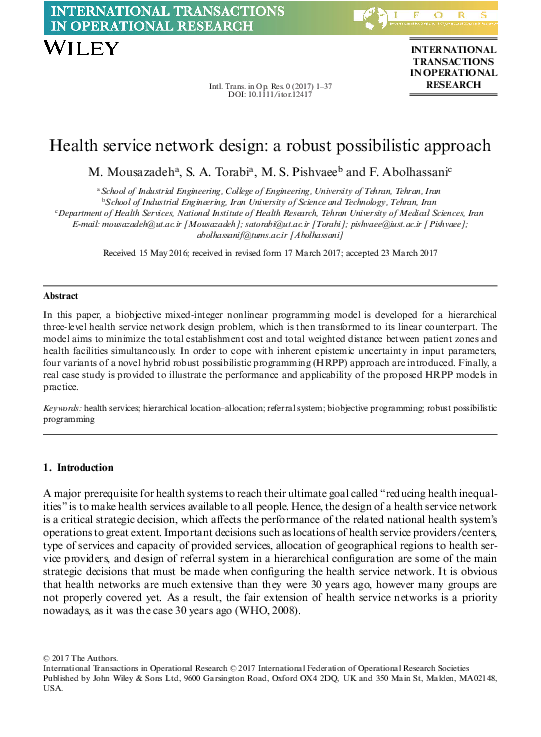 (PDF) Health service network design: a robust possibilistic approach