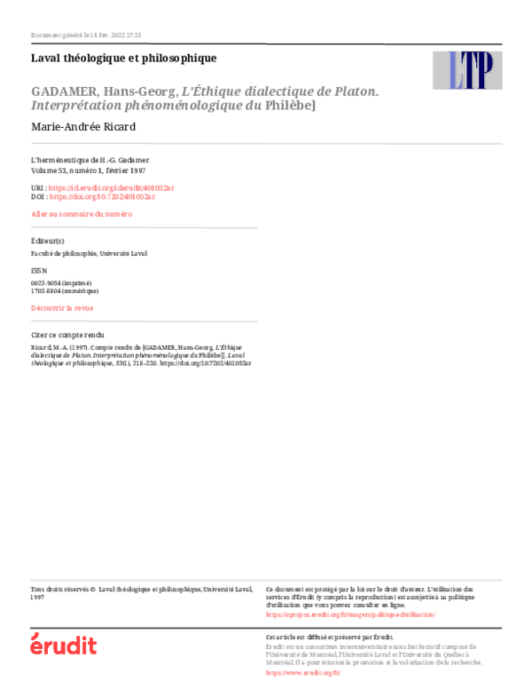 (PDF) GADAMER, Hans-Georg, L’Éthique dialectique de Platon ...