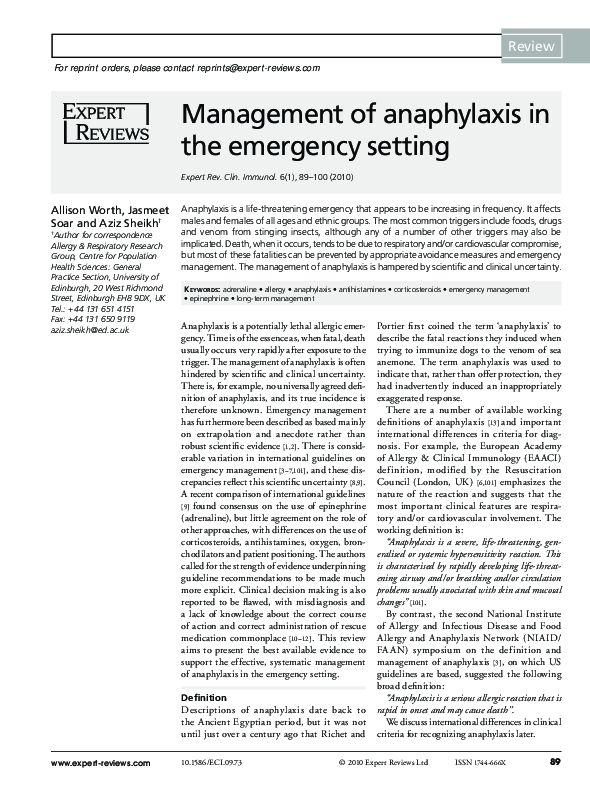 (PDF) Management of anaphylaxis in the emergency setting