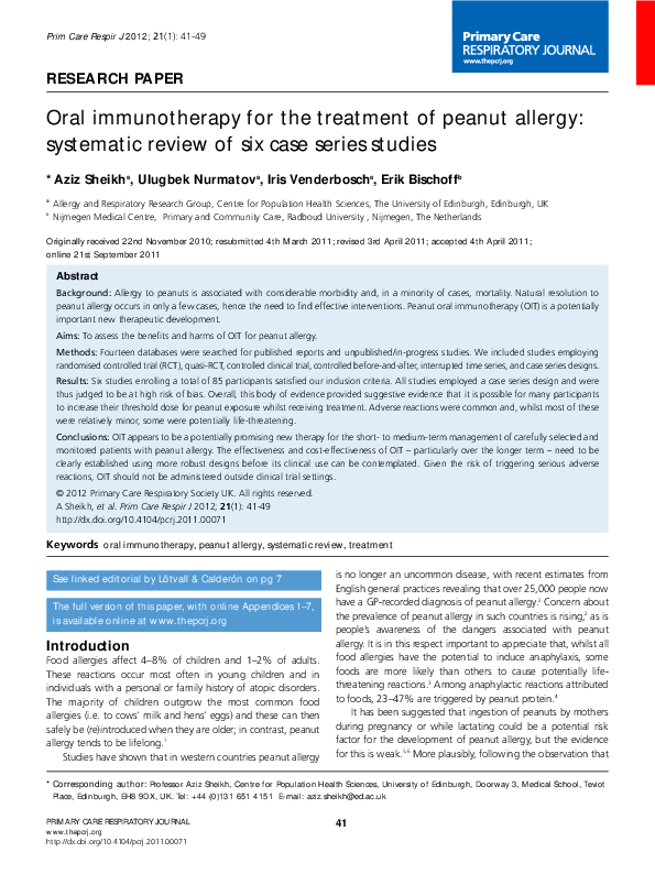 (PDF) Oral immunotherapy for the treatment of peanut allergy ...
