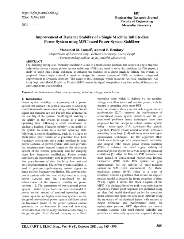 (PDF) Improvement of Dynamic Stability of a Single Machine Infinite-Bus Power System using MPC ...