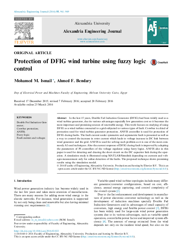 Pdf Protection Of Dfig Wind Turbine Using Fuzzy Logic Control