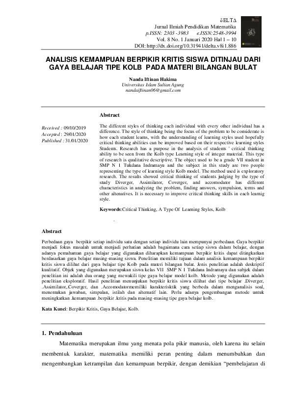 (PDF) Analisis Kemampuan Berpikir Kritis Siswa Ditinjau Dari Gaya Belajar Tipe Kolb Pada Materi ...