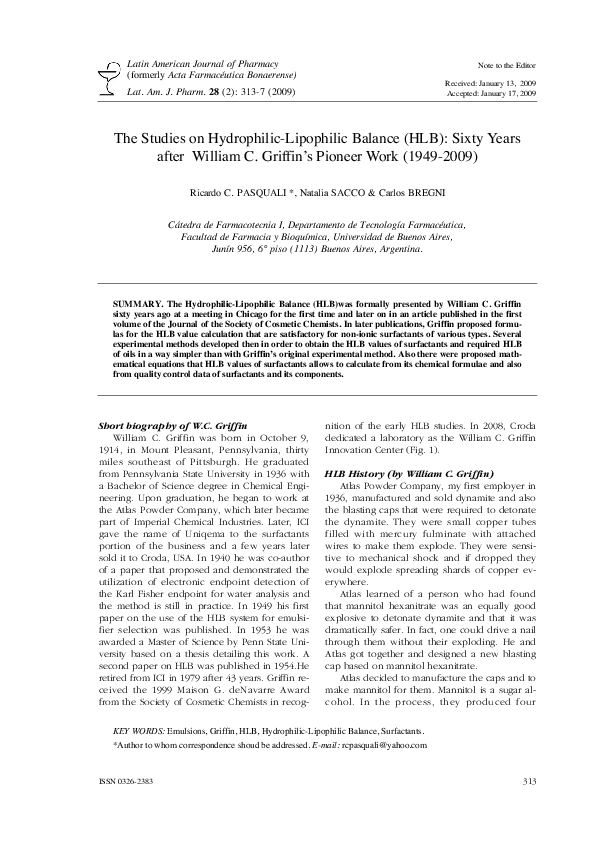 (PDF) The Studies on Hydrophilic-Lipophilic Balance (HLB): Sixty Years ...