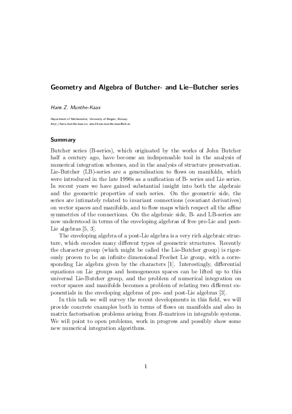 (PDF) Geometry and Algebra of Butcher- and Lie–Butcher series