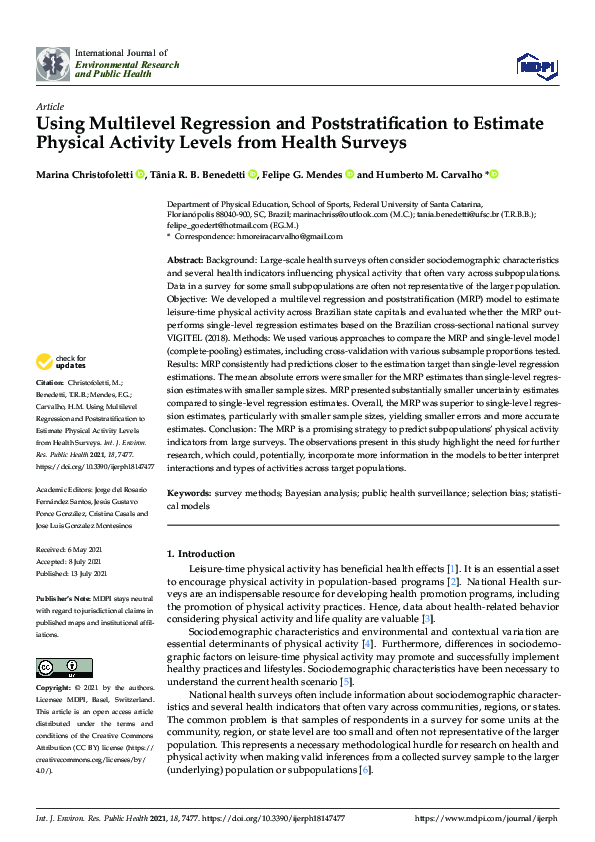 Pdf Using Multilevel Regression And Poststratification To Estimate Physical Activity Levels