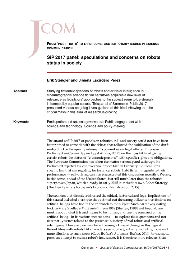 (PDF) SiP 2017 panel: speculations and concerns on robots' status in ...