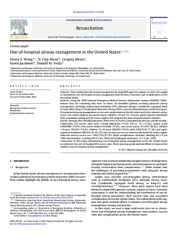 (PDF) Out-of-hospital airway management in the United States