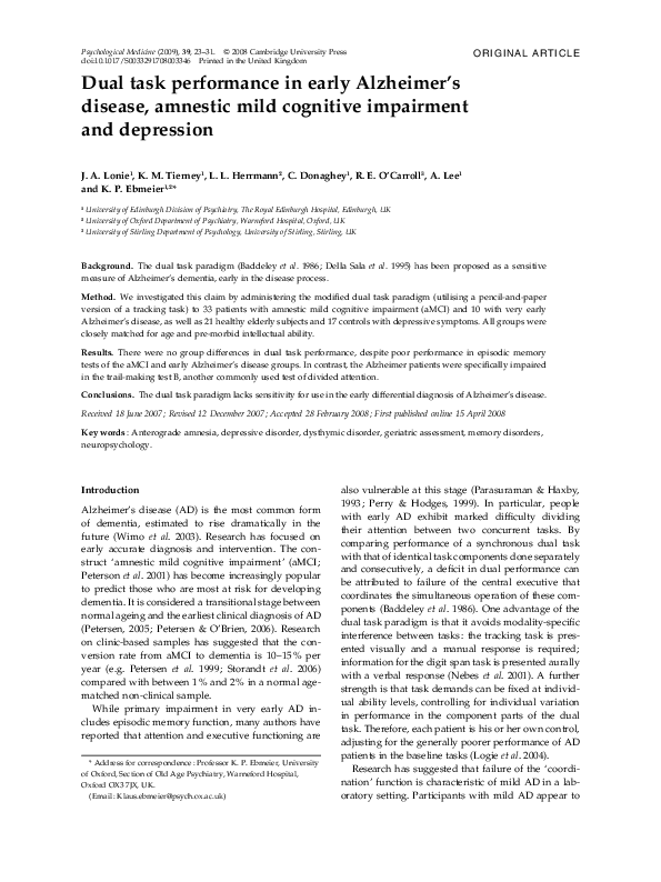 (PDF) Dual task performance in early Alzheimer's disease, amnestic mild cognitive impairment and ...