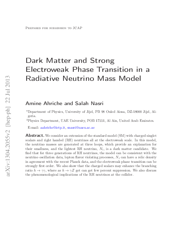 (PDF) Prepared for submission to JCAP Dark Matter and Strong Electroweak Phase Transition in a ...