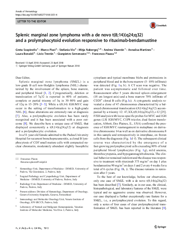 (PDF) Splenic marginal zone lymphoma with a de novo t(8;14)(q24;q32 ...
