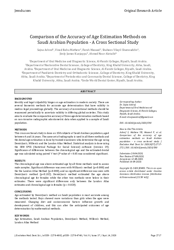 Pdf Comparison Of The Accuracy Of Age Estimation Methods On Saudi Arabian Population A Cross