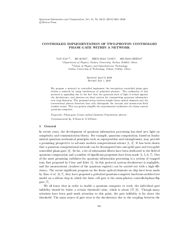 Pdf Ontrolled Implementation Of Two Photon Controlled Phase Gate Within A Network