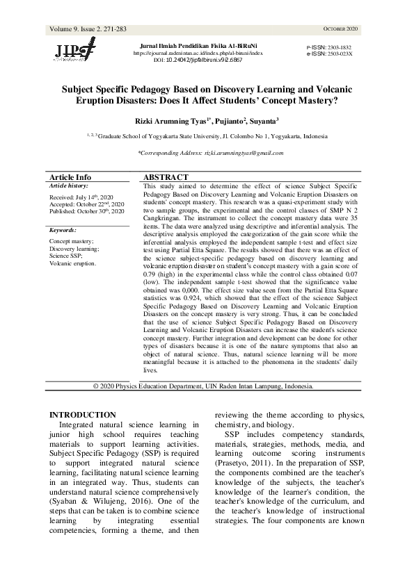 (PDF) Subject Specific Pedagogy Based on Discovery Learning and Volcanic Eruption Disasters ...