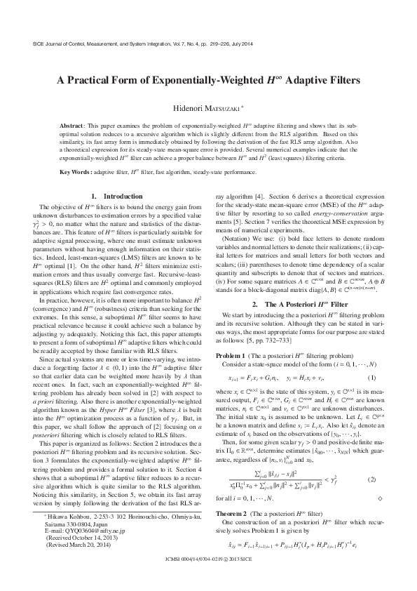 (PDF) A Practical Form of Exponentially-Weighted H ∞ Adaptive Filters