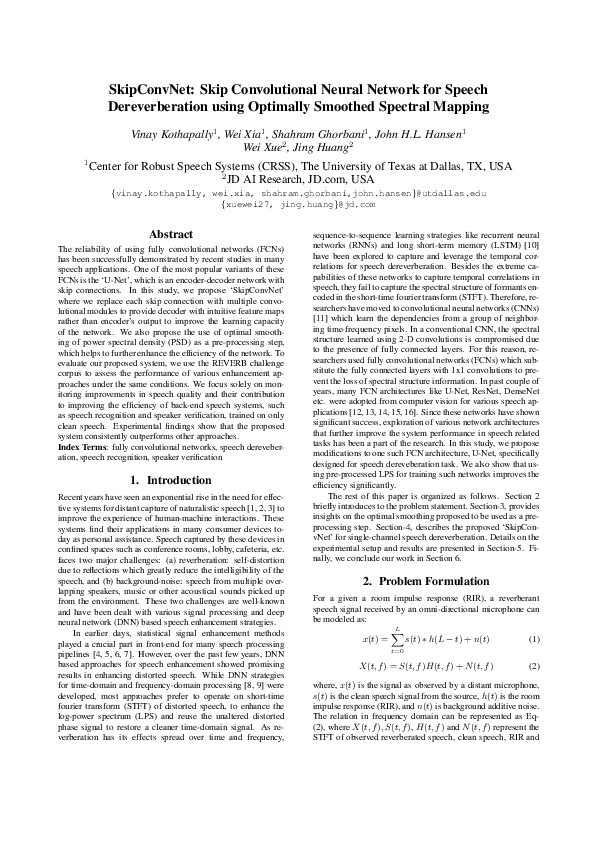 Pdf Skipconvnet Skip Convolutional Neural Network For Speech Dereverberation Using Optimally