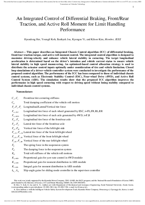 (PDF) An Integrated Control of Differential Braking, Front/Rear ...