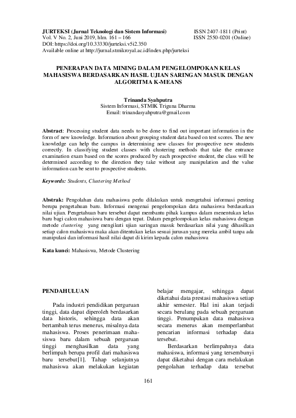 (PDF) Penerapan Data Mining Dalam Pengelompokan Kelas Mahasiswa Berdasarkan Hasil Ujian Saringan ...