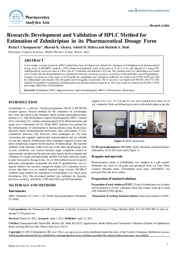 Pdf Research Development And Validation Of Hplc Method For Estimation Of Zolmitriptan In Its