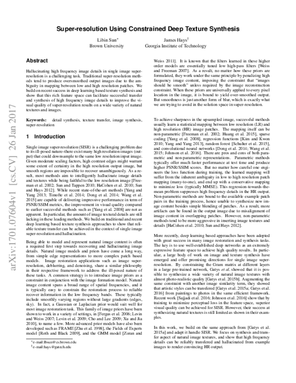 Pdf Super Resolution Using Constrained Deep Texture Synthesis
