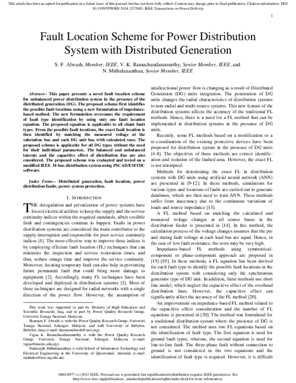 Pdf Fault Location Scheme For Power Distribution System With Distributed Generation