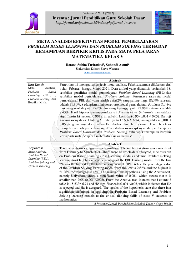 (PDF) Meta Analisis Efektivitas Model Pembelajaran Problem Based Learning dan Problem Solving ...
