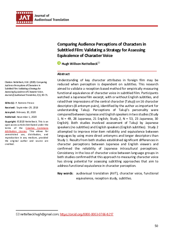 (PDF) Comparing Audience Perceptions of Characters in Subtitled Film