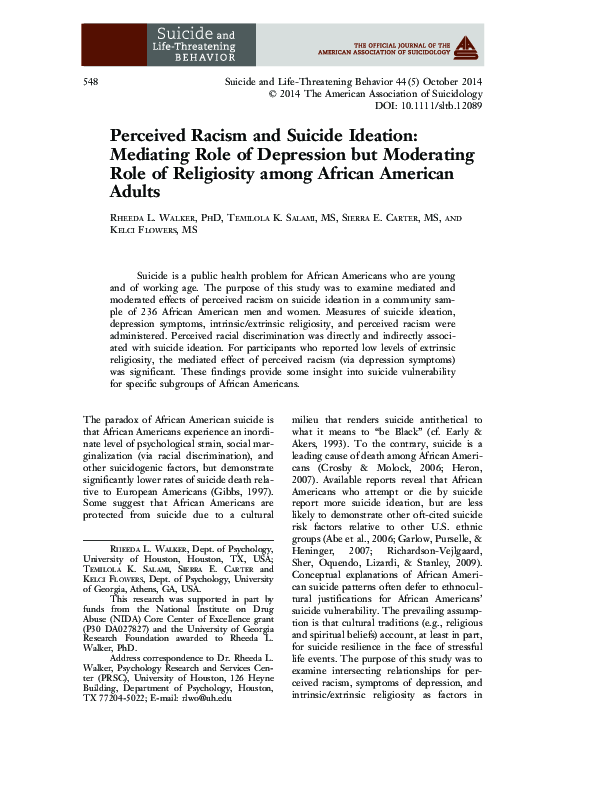 (PDF) Perceived Racism and Suicide Ideation: Mediating Role of ...