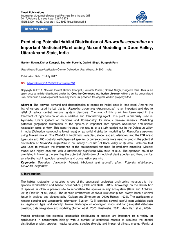 (PDF) Predicting Potential Habitat Distribution of Rauwolfia serpentina an Important Medicinal ...