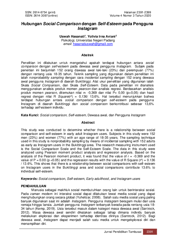 (PDF) Hubungan Social Comparison dengan Self-Esteem pada Pengguna Instagram