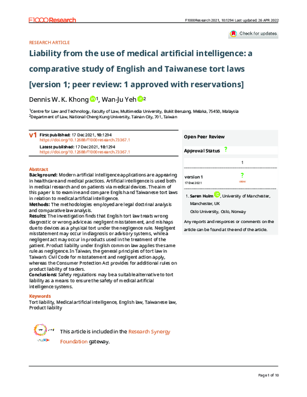 (PDF) Liability from the use of medical artificial intelligence: a comparative study of English ...