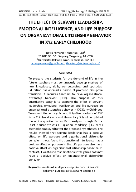 (PDF) The Effect of Servant Leadership, Emotional Intelligence, and Purpose in Life on ...
